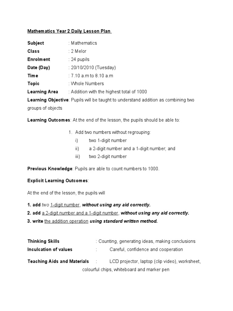 Mathematics Year 2 Daily Lesson Plan