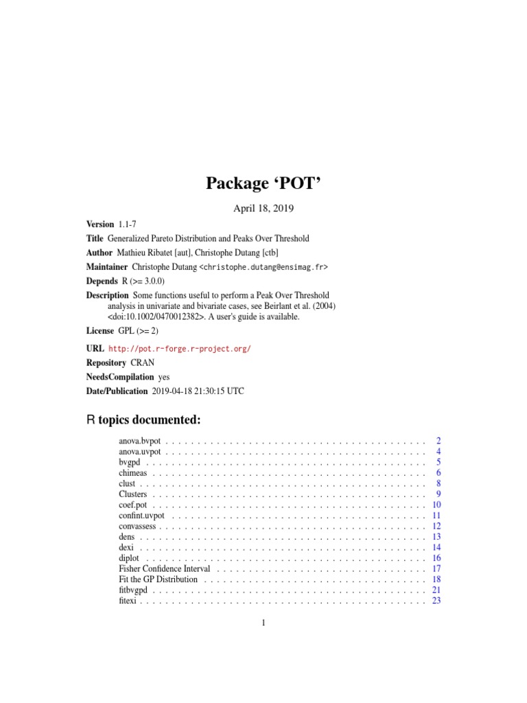 Package POT': R Topics Documented | PDF | Logistic Regression | Function (Mathematics)