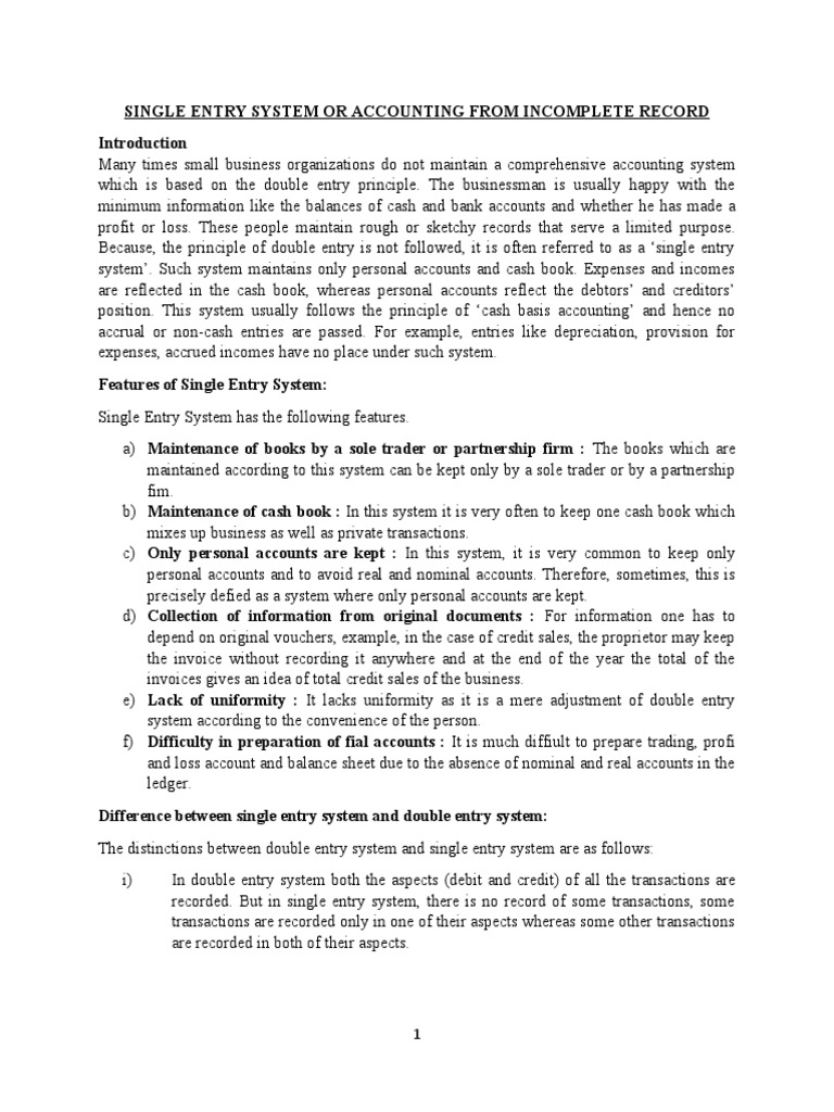 Single Entry System or Accounting From Incomplete Record | PDF ...