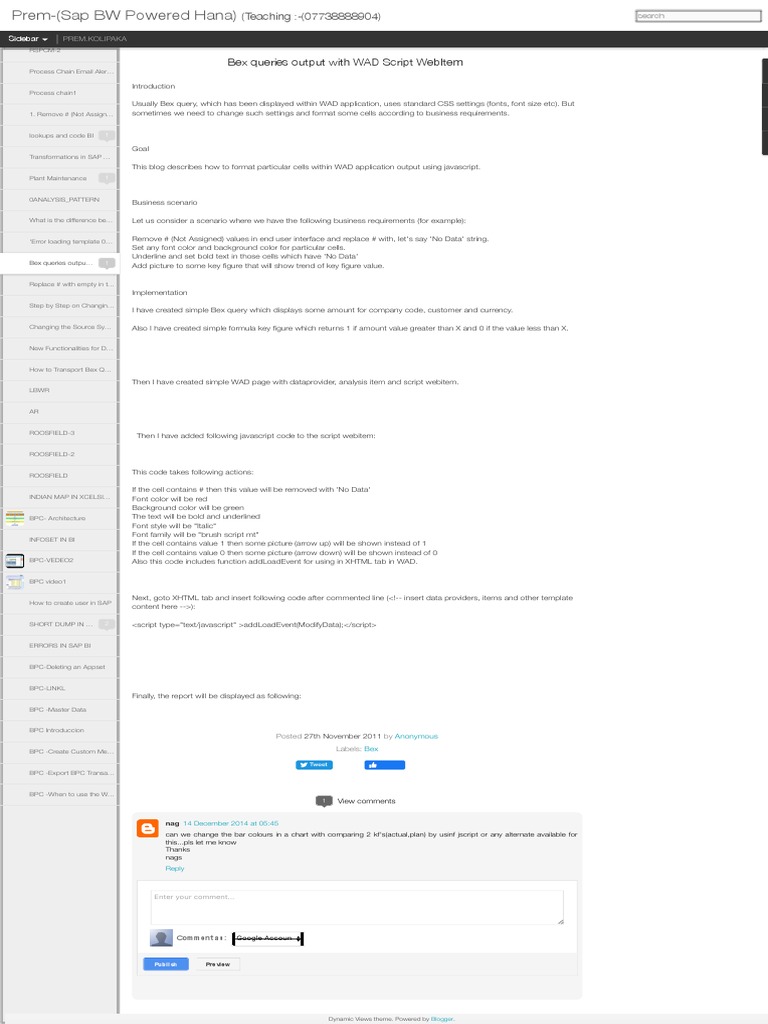 Bex Queries Output With Wad Script Webitem Prem Sap Bw Powered