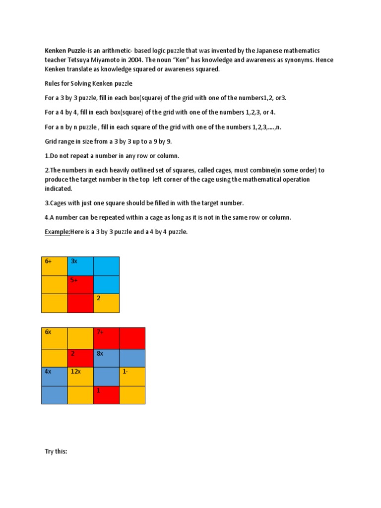 Kenken Puzzle-Is An Arithmetic-Based Logic Puzzle That Was Invented by ...