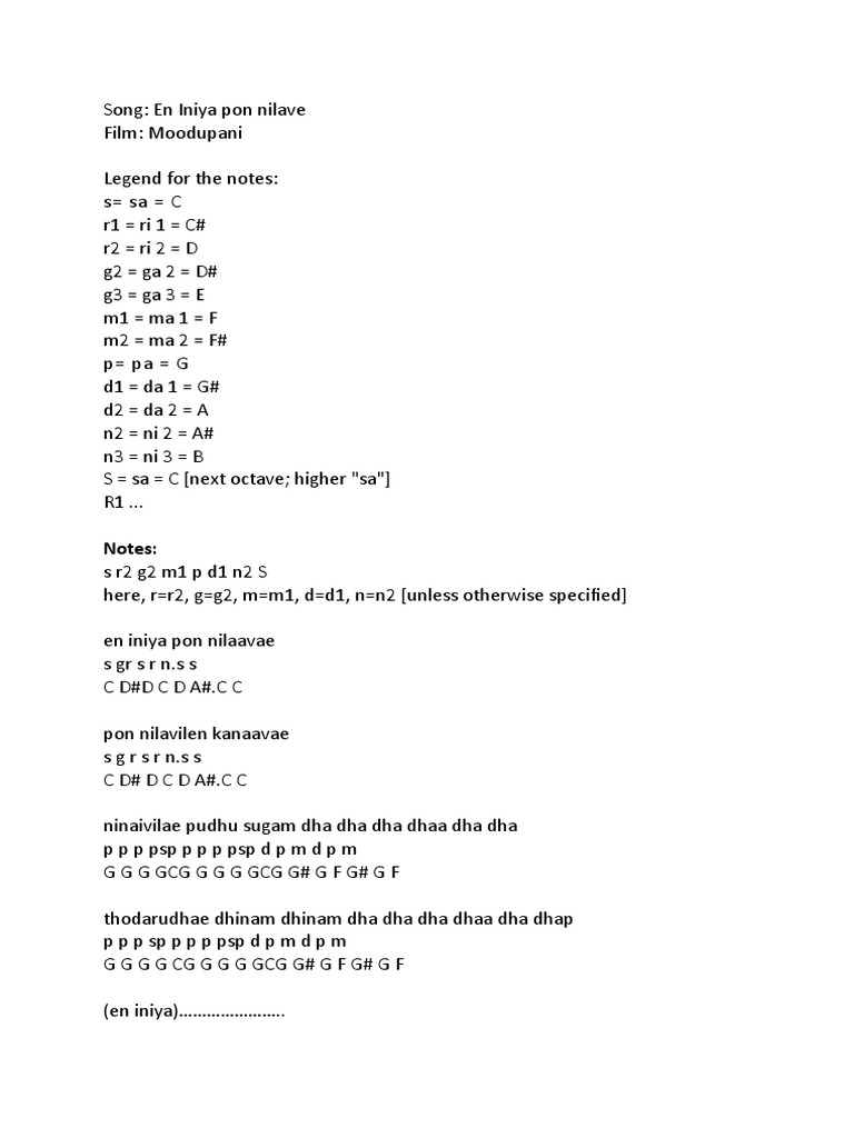 En Iniya Pon Nilave - Guitar Notes | PDF