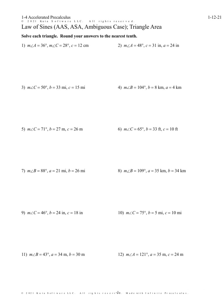 1-4 Law of Sines (AAS, ASA, Ambiguous Case) Triangle Area PDF | PDF ...