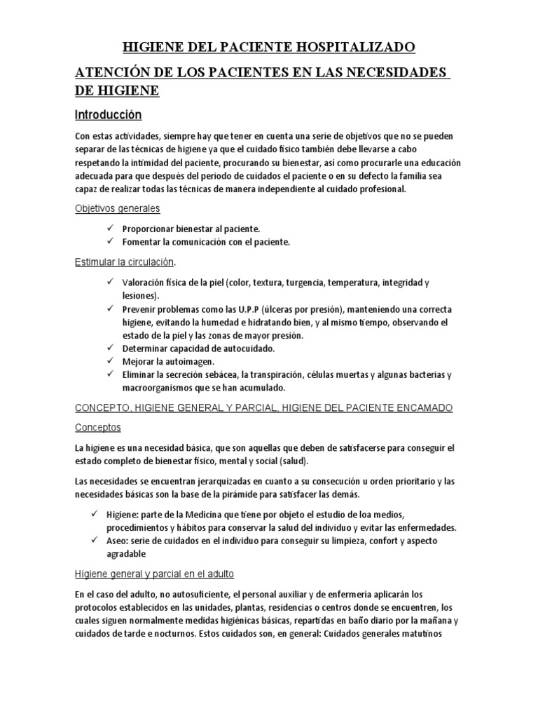 Higiene Del Paciente Hospitalizado | PDF | Lavado de manos | Higiene