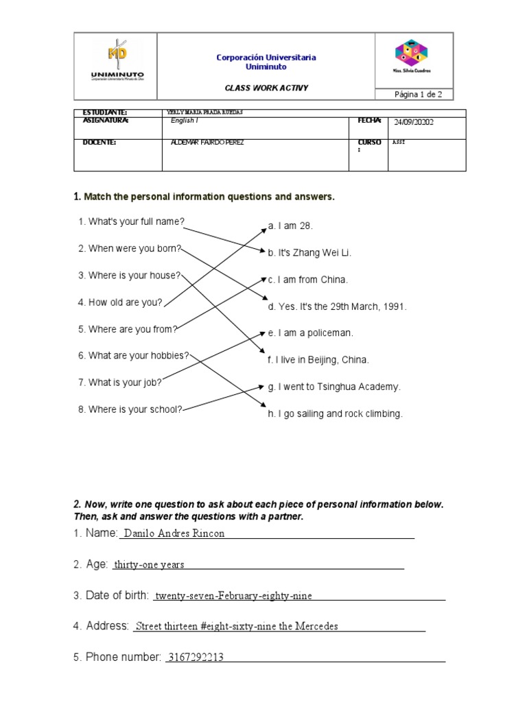 Match The Personal Information Questions and Answers | PDF