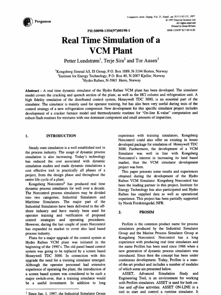 Real Time Simulation of A V C M Plant: Petter Lundstrcm 1, Terje Sira 2 ...