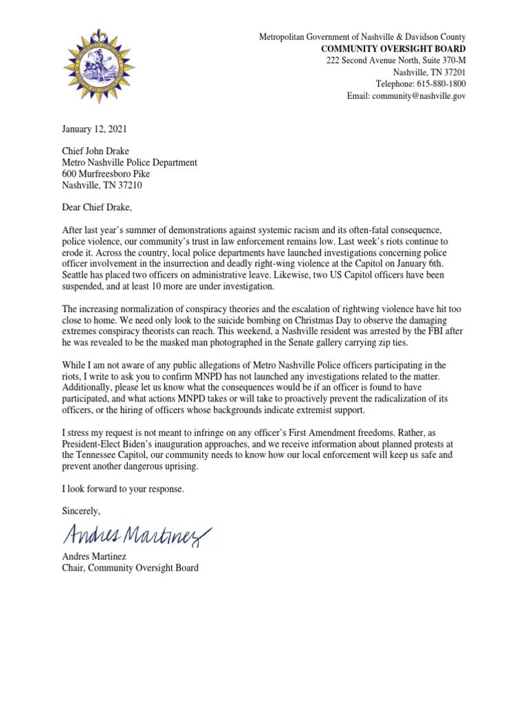 Letter To Chief Drake 1.21.2021 | PDF | Nashville | Police