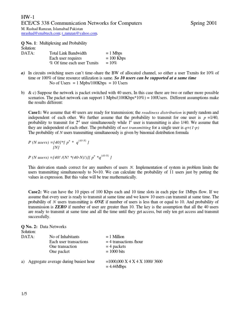 HW-1 ECE/CS 338 Communication Networks For Computers Spring 2001 | Download Free PDF | Network ...