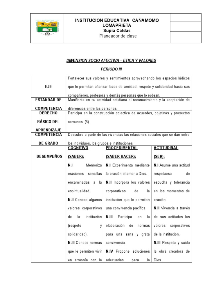 DIMENSION SOCIO AFECTIVA Tercer Periodo | PDF | Institución | Aprendizaje