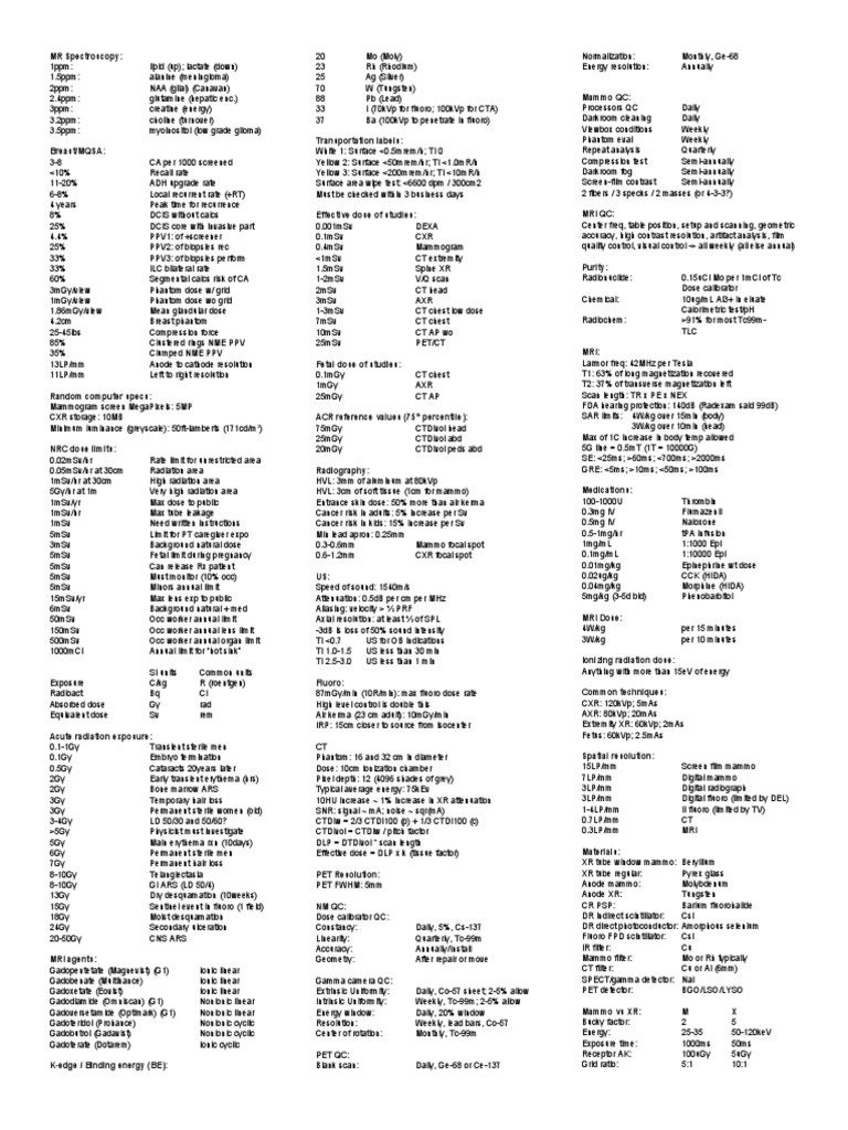 Number Cheat Sheet | PDF | Ct Scan | Radiography