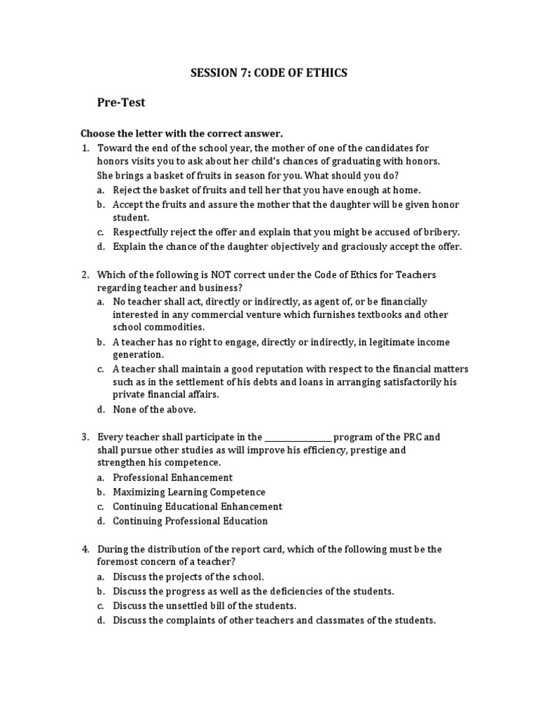 Session 7: Code of Ethics Pre-Test: Choose The Letter With The Correct ...