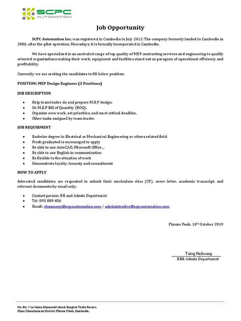 Recruitment - MEP Design Engineer 2019 | PDF