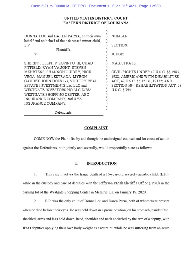 Eric Parsa's Parents Sue Over His Death | PDF | Autism | Handcuffs