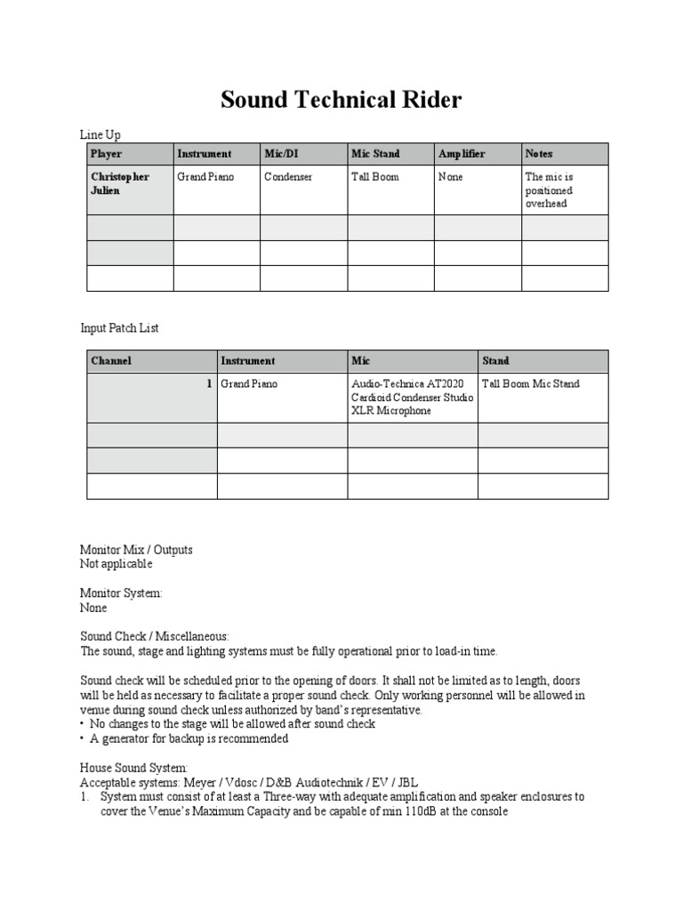 Sound Technical Rider: Player Instrument Mic/DI Mic Stand Amplifier ...