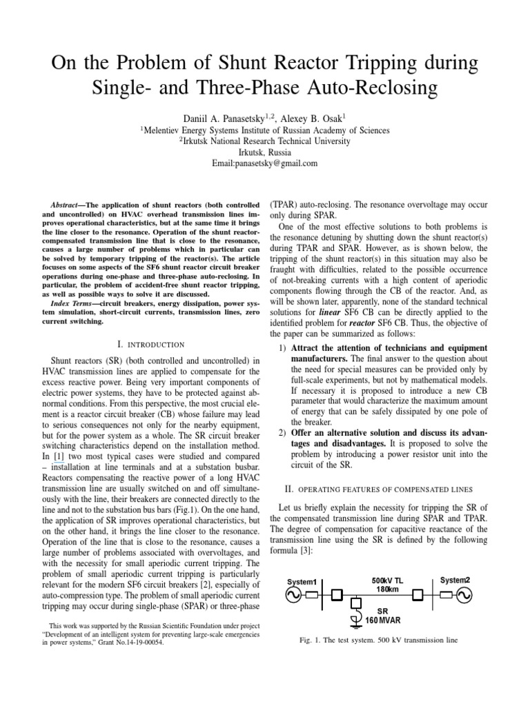 On The Problem of Shunt Reactor Tripping During Single-And Three-Phase ...