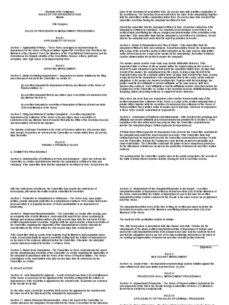 Impeachment Procedure Rules Philippines | PDF | Impeachment | United ...