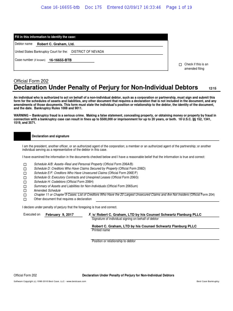 Declaration Under Penalty of Perjury For Non-Individual Debtors | PDF ...