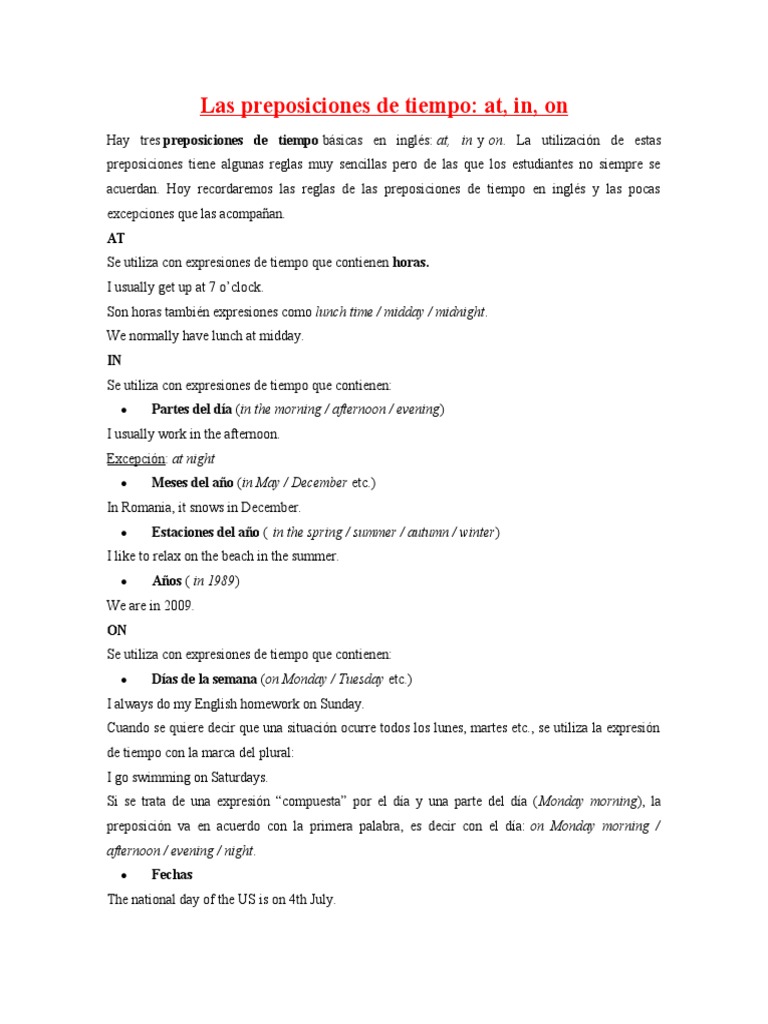 Hojas De Trabajo De Preposición De Tiempo Para Describiendo El Clima