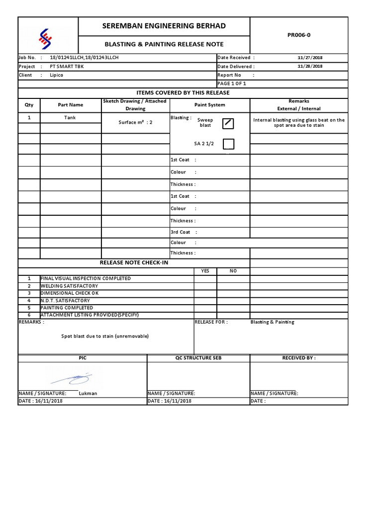 Seremban Engineering Berhad: Blasting & Painting Release Note | PDF ...