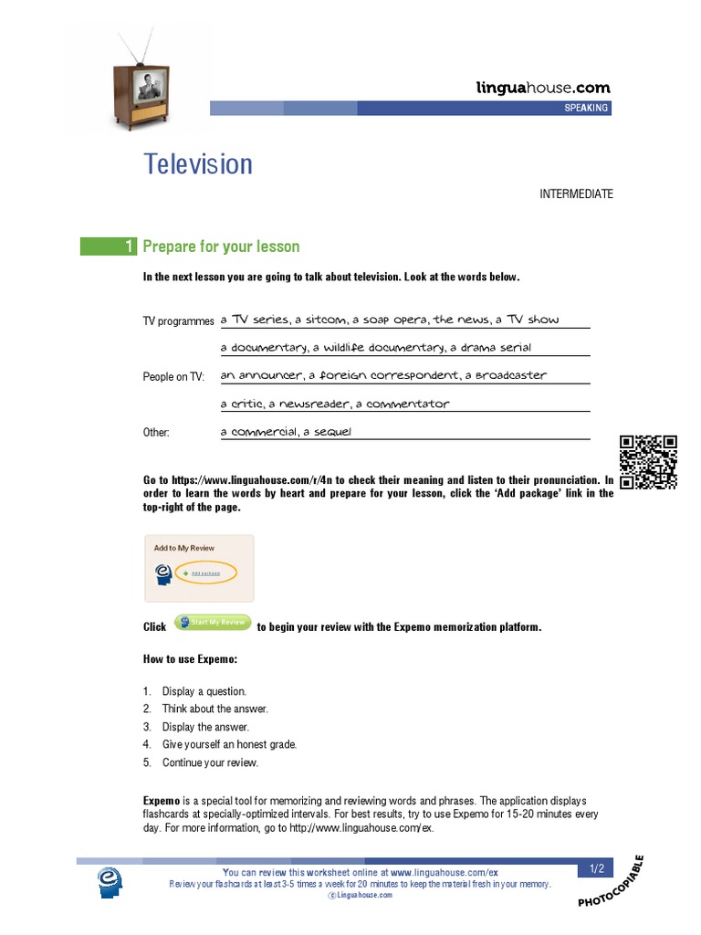 Television Speaking Lesson Guide | PDF | Television | Mass Media
