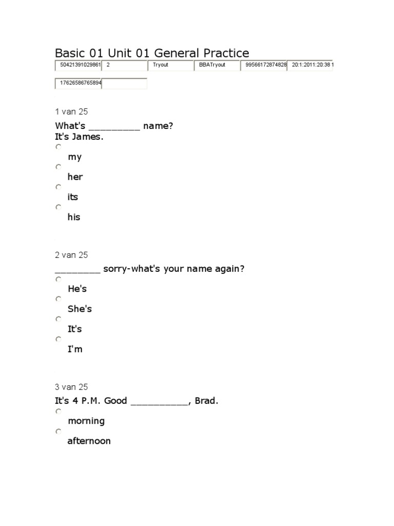 Basic 01 Unit 01 General Practice: What's - Name? It's James. My Her Its His | PDF | Fashion ...