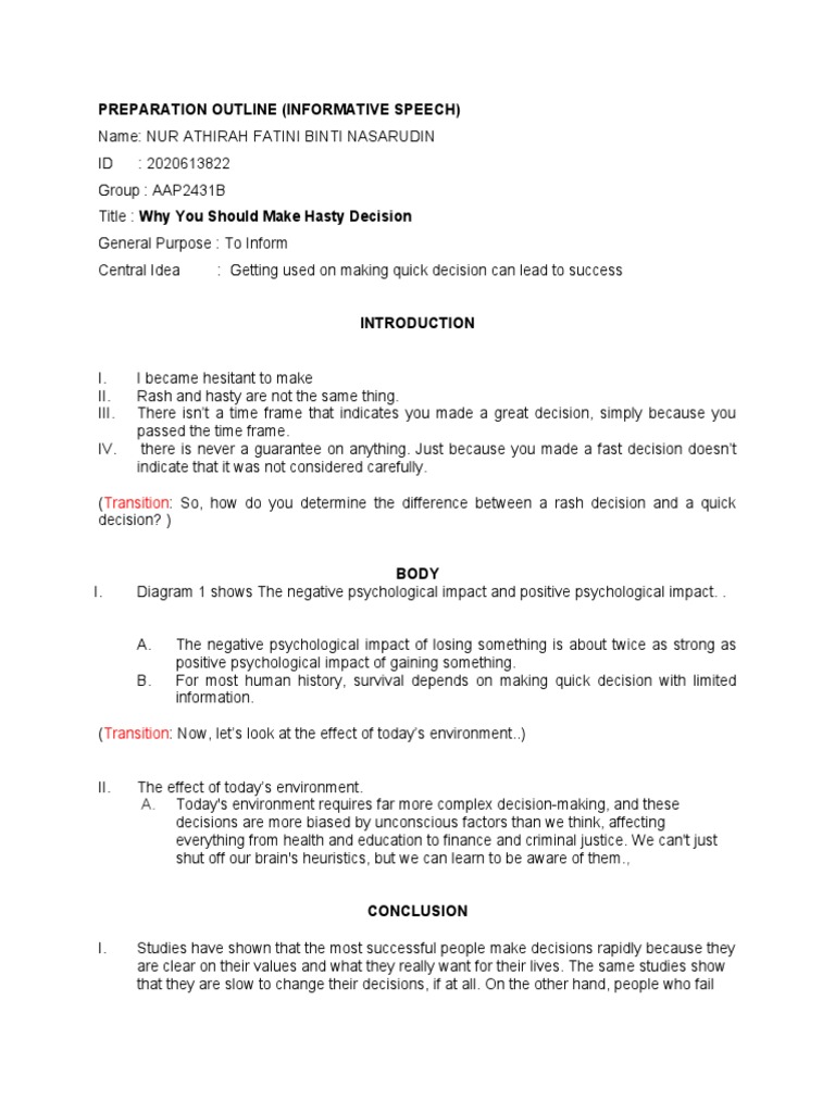 Preparation Outline | PDF | Decision Making | Psychology