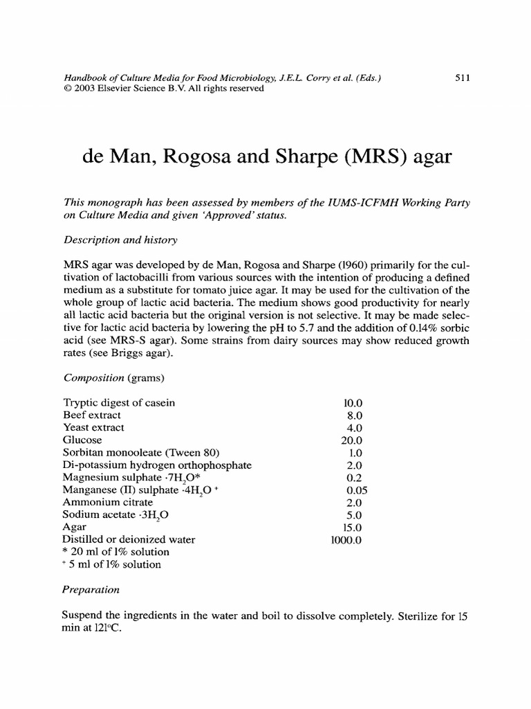 De Man, Rogosa and Sharpe (MRS) Agar | PDF | Lactobacillus | Agar