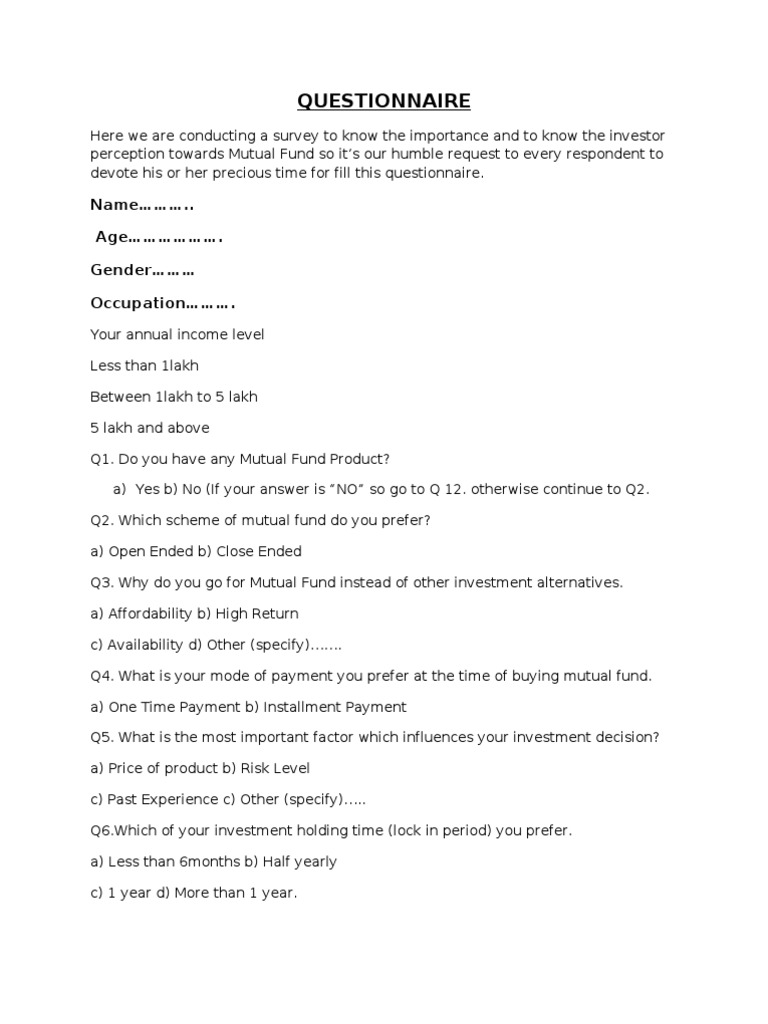Questionnaire: Name .. Age . Gender Occupation | PDF | Investor ...