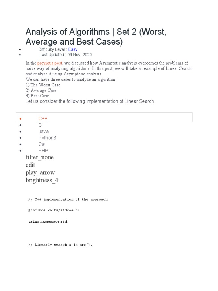 Analysis of Algorithms - Set 2 (Worst, Average and Best Cases) | PDF | Time Complexity | Array ...
