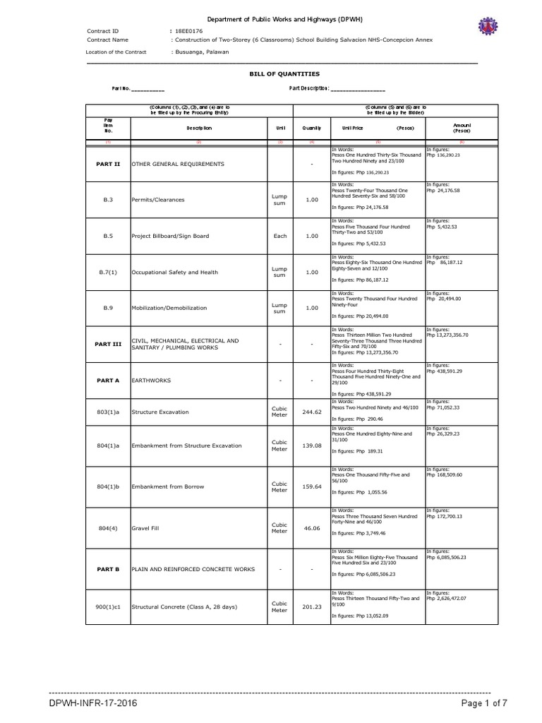 Construction of a Two-Storey School Building in Busuanga, Palawan: Bill ...