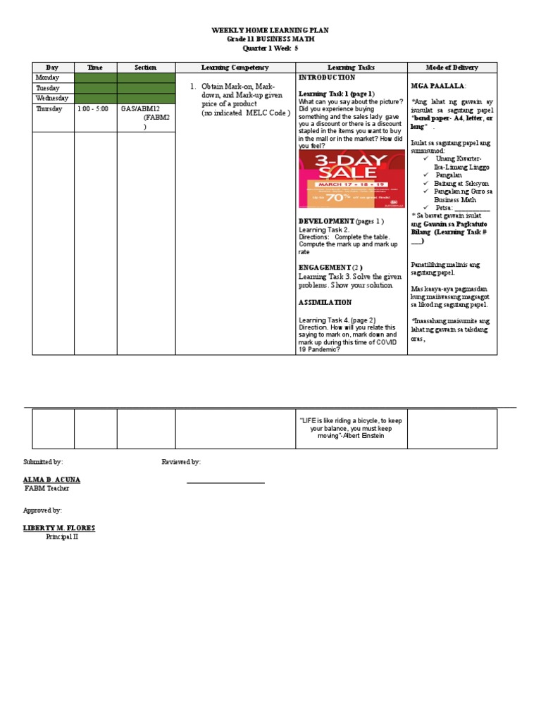 Grade 11 Business Math Weekly Plan | PDF | Business