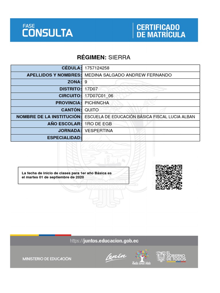 Certificado de Matricula | PDF