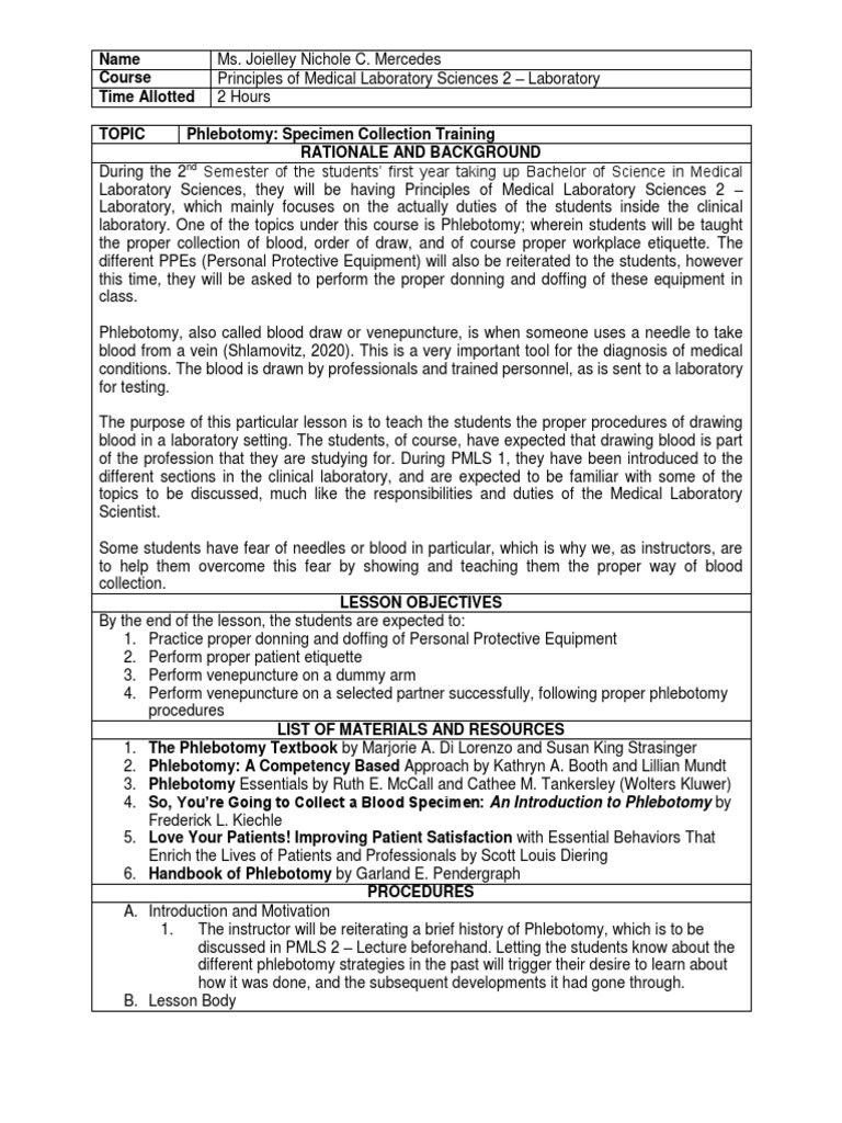Phlebotomy Sample Lesson Plan | PDF | Medical Laboratory | Laboratories