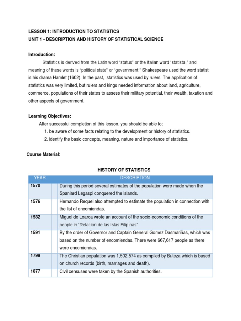 Lesson 1 Introduction To Statistics | PDF | Sampling (Statistics ...