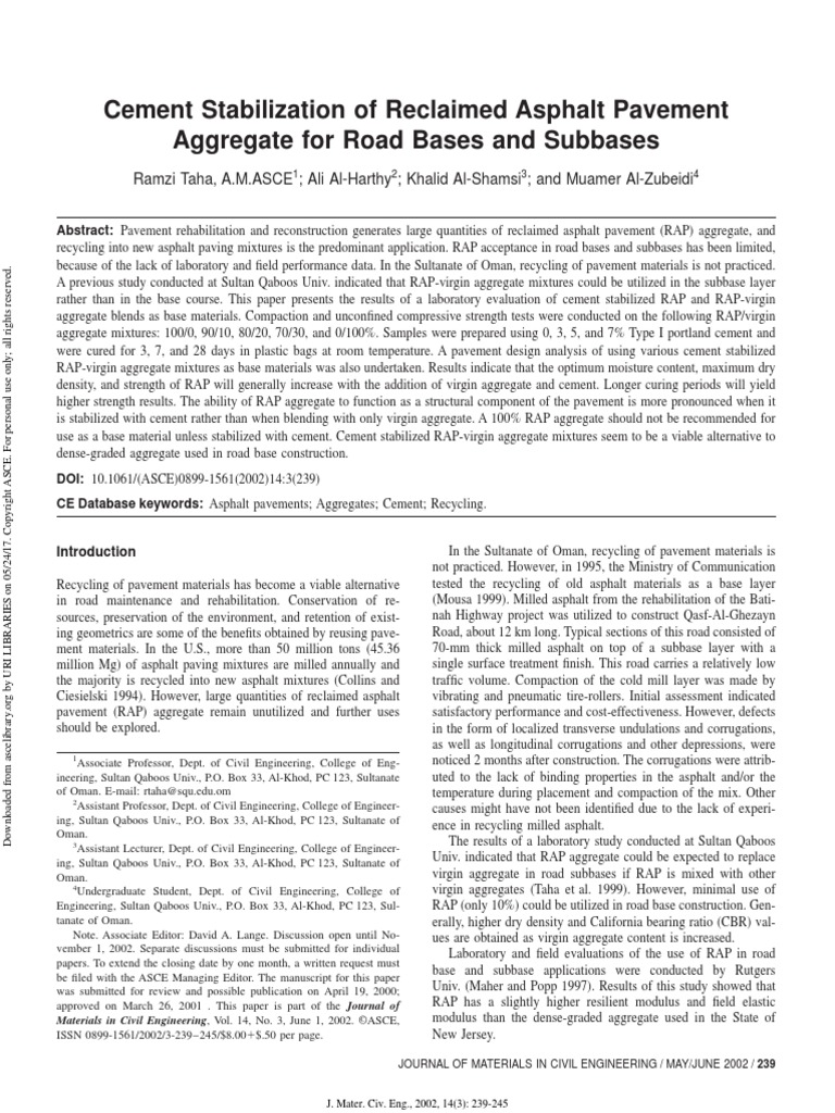 Cement Stabilization of Reclaimed Asphalt Pavement | PDF | Road Surface ...