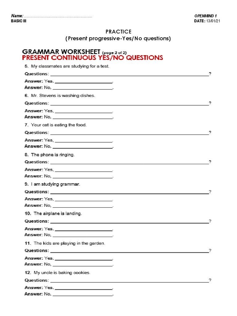 Present Progressive Yes/No Questions Practice | PDF