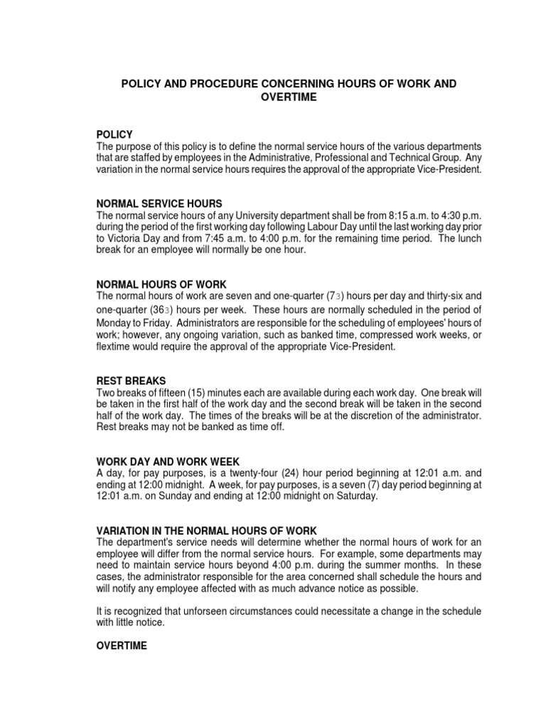 Policy and Procedure Concerning Hours of Work and Overtime | PDF ...