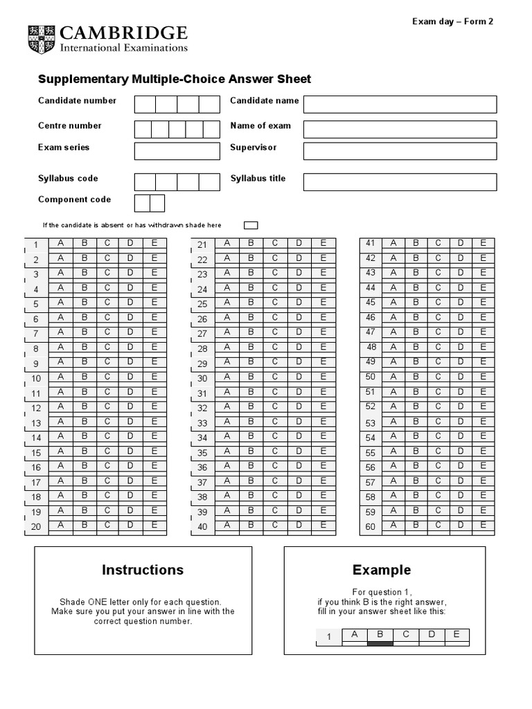 Supplementary Multiple-Choice Answer Sheet: Example Instructions | PDF ...