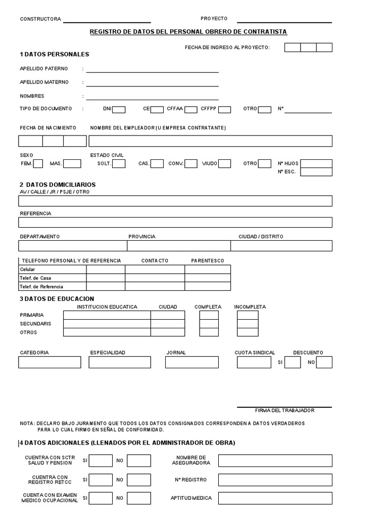 Ficha de Ingreso Contratistas | PDF