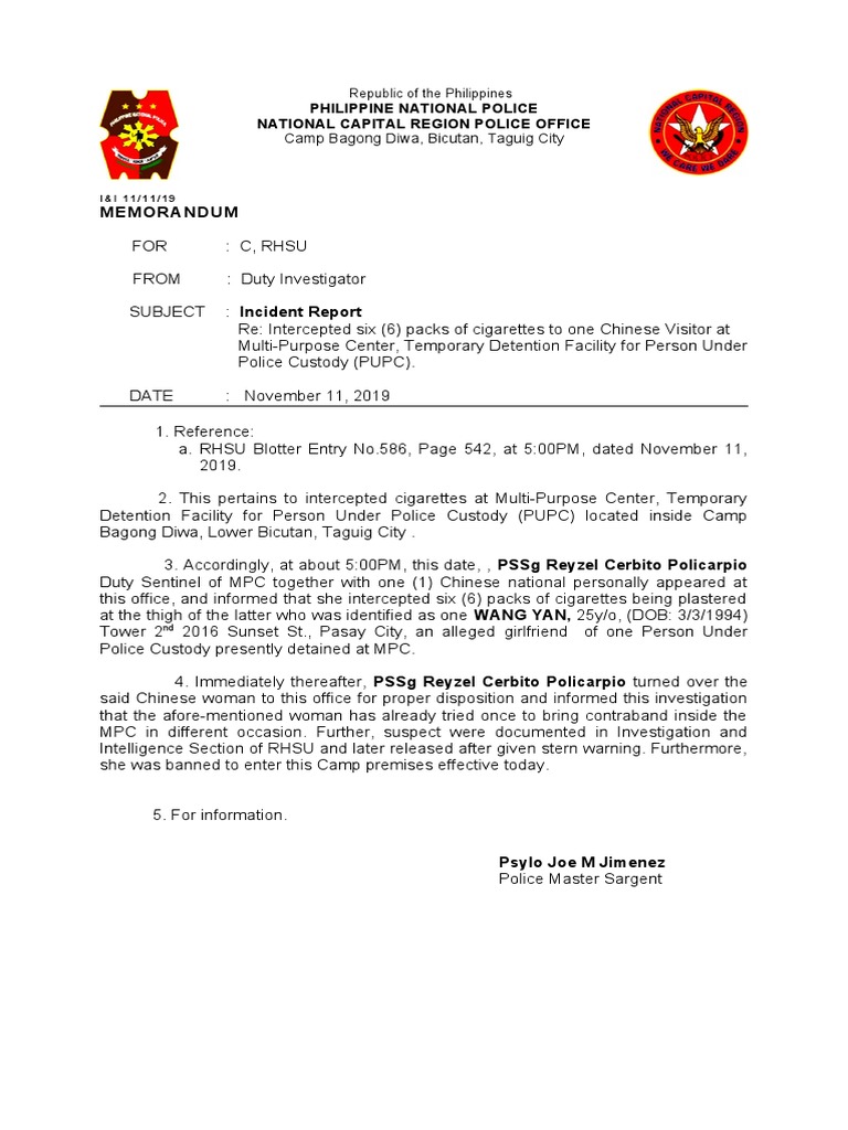 Memorandum: Philippine National Police National Capital Region Police ...
