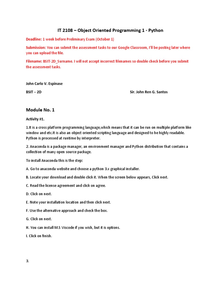 IT 2108 - Object Oriented Programming 1 - Python: You Can Upload The File | PDF | Computer ...