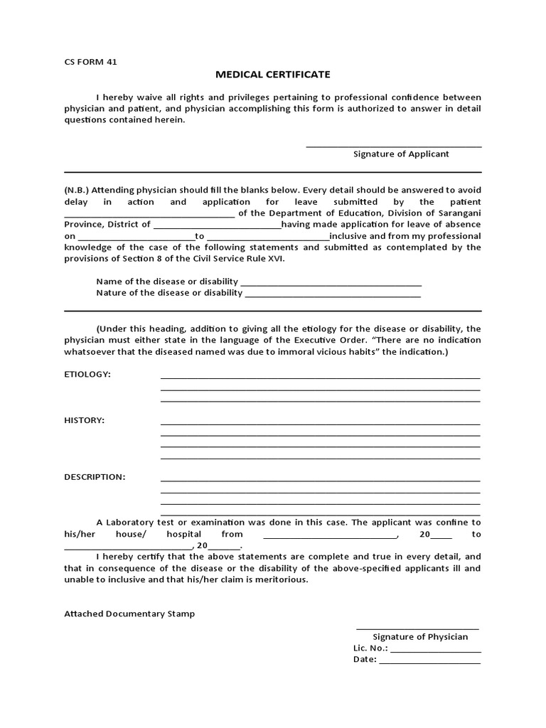 CS Form 41 - Medical Certificate | PDF | Health Sciences | Medicine