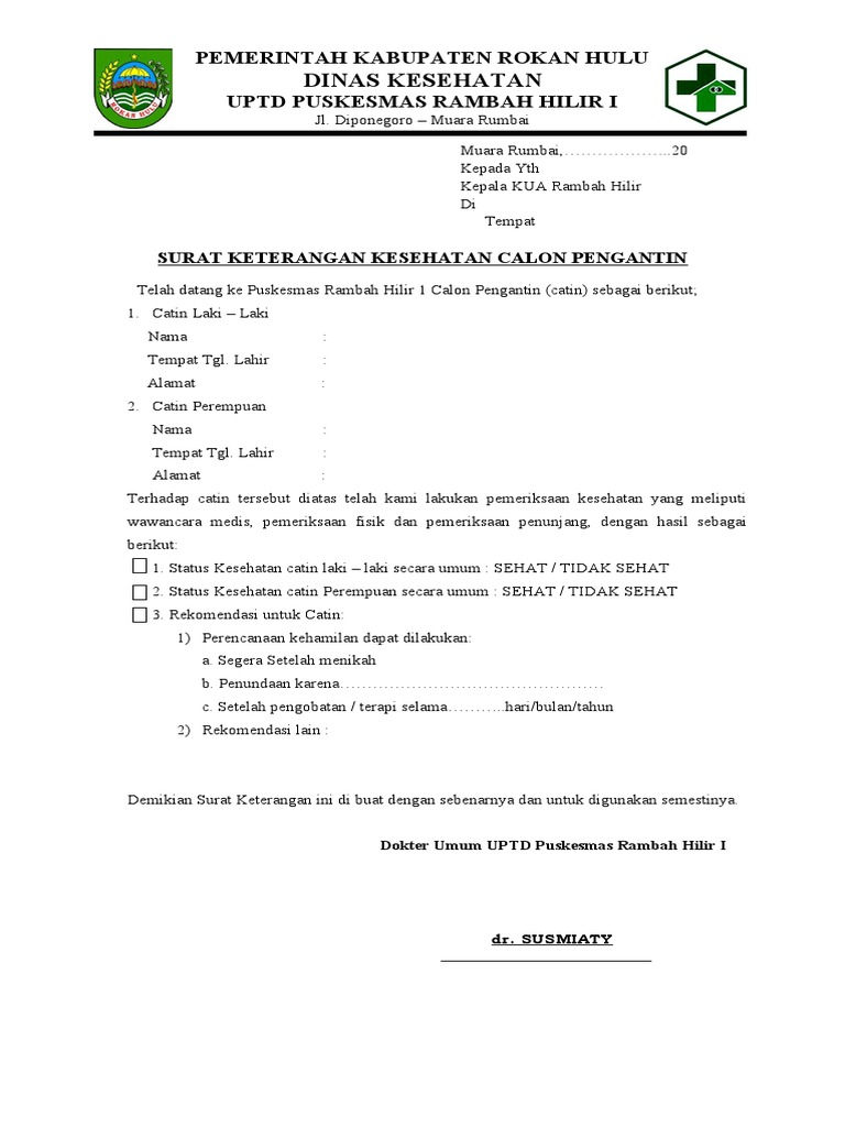 Surat Keterangan Sehat Catin Puskesmas | PDF