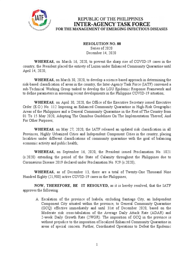 IATF Resolution No. 88 updates COVID-19 quarantine classifications ...