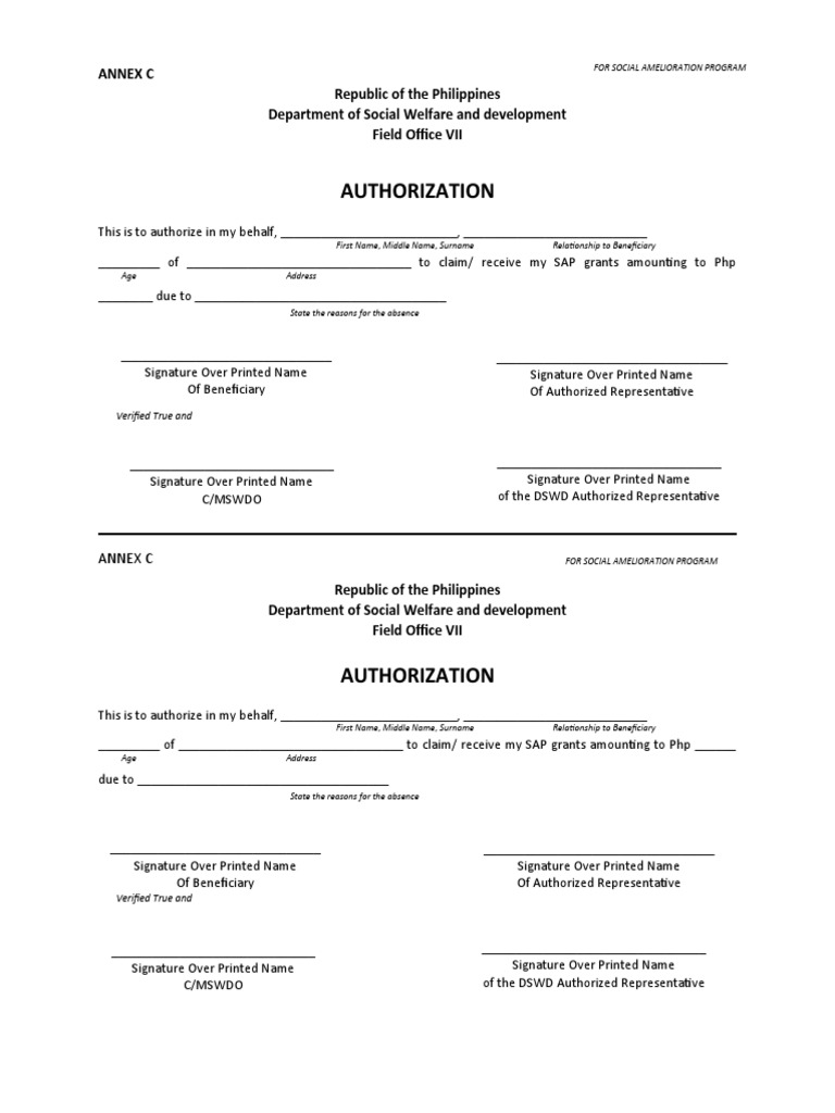 Authorization: Annex C Republic of The Philippines Department of Social ...
