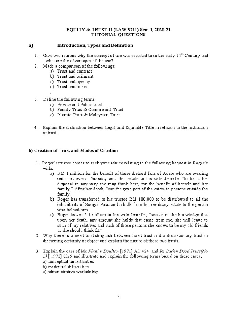 Tutorial Questions Equity 2020-1 | PDF | Trust Law | Trustee