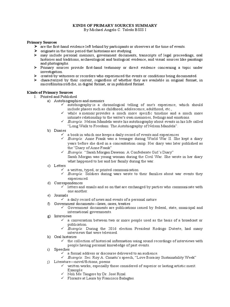 Kinds of Primary Sources Summary | Download Free PDF | Primary Sources ...