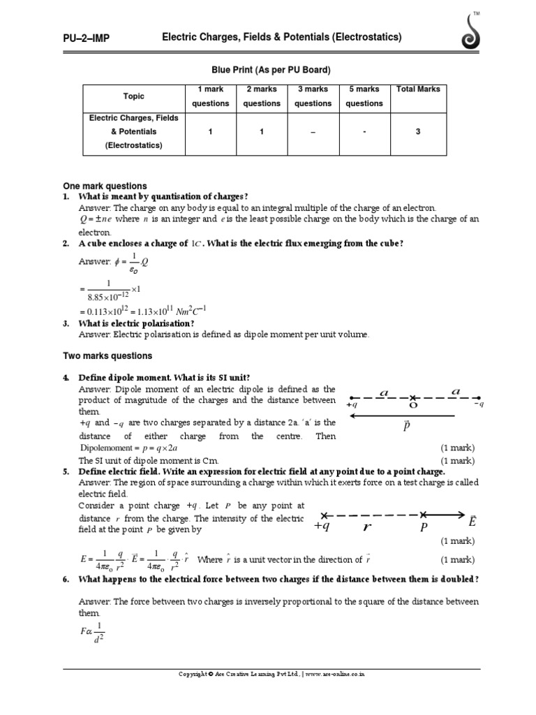 Electric Charges, Fields & Potentials (Electrostatics) PU - 2-IMP | PDF ...