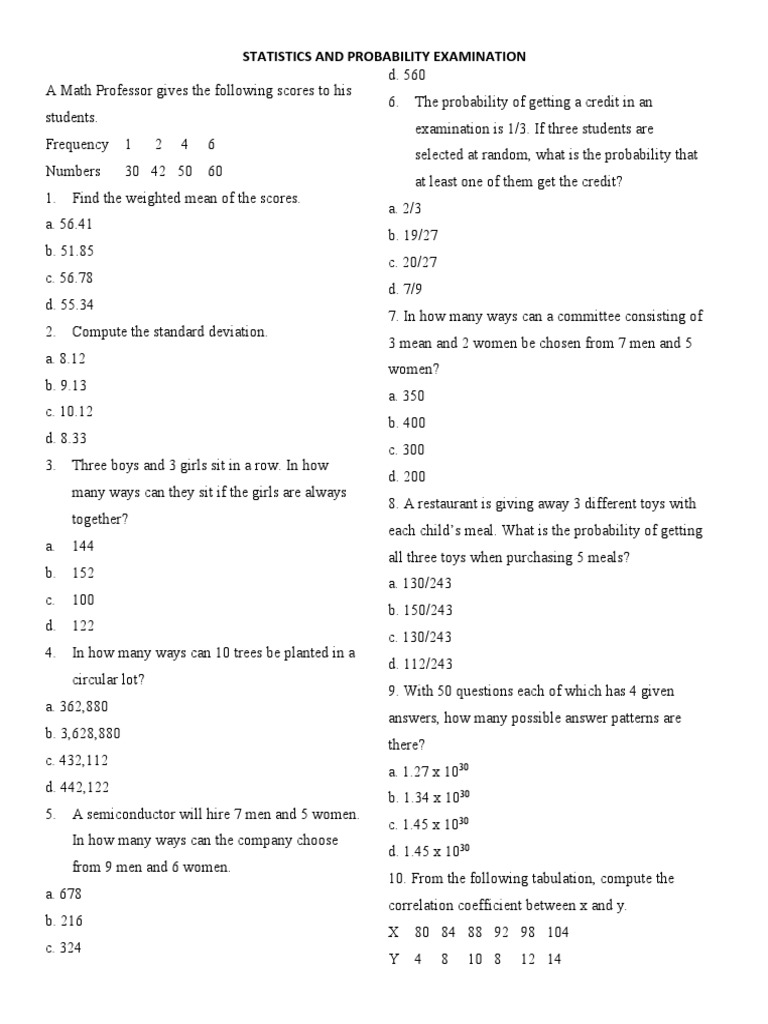 Statistics and Probability Exam | PDF | Statistical Analysis | Teaching ...
