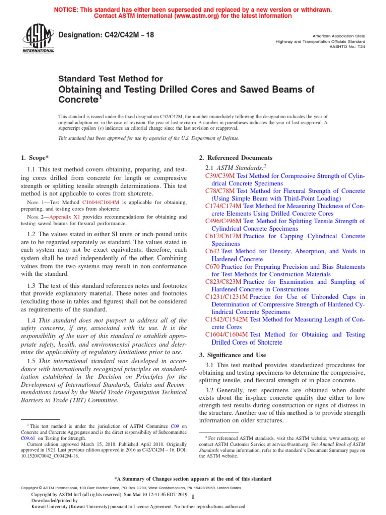 Obtaining and Testing Drilled Cores and Sawed Beams of Concrete | PDF ...
